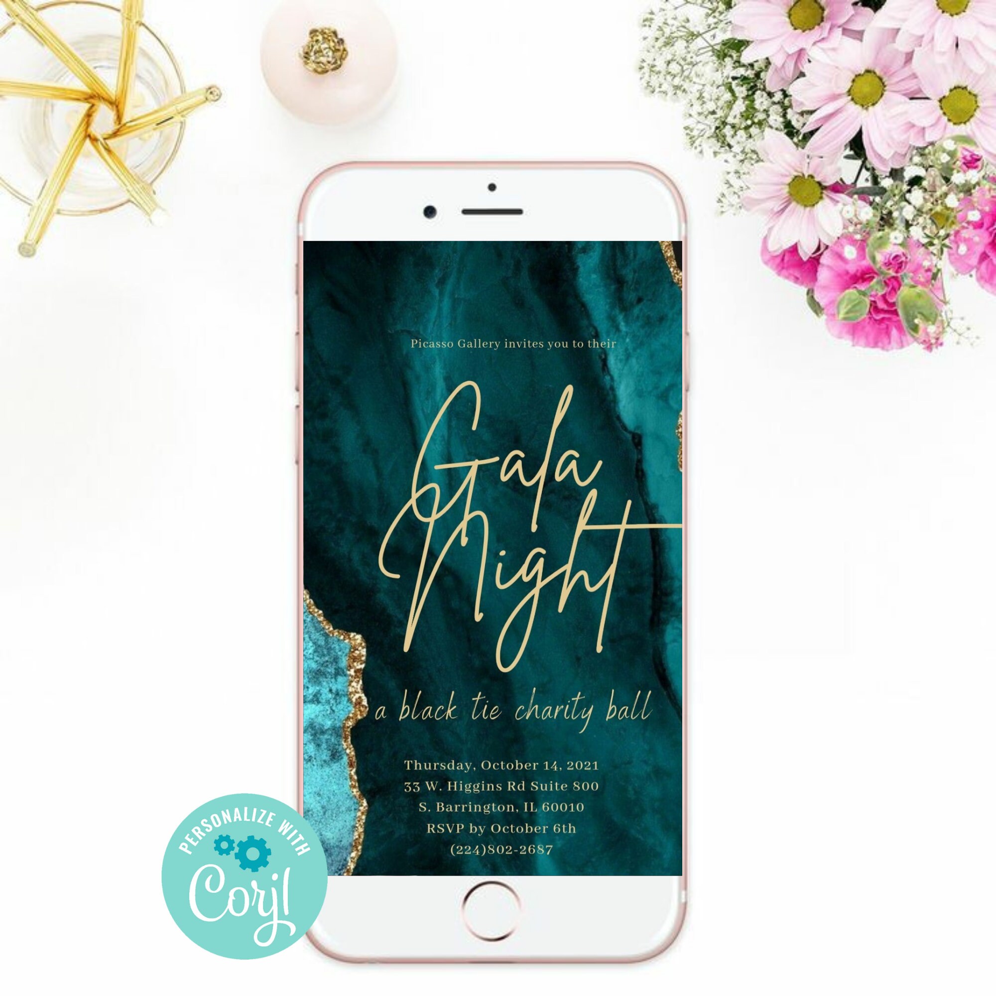 Teal Gold Agate Textures Gala Night Party Invitation Template ...