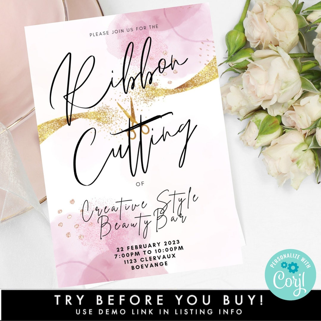Pink & Gold Ribbon Cutting Invitation Template, DIY Editable Ribbon ...