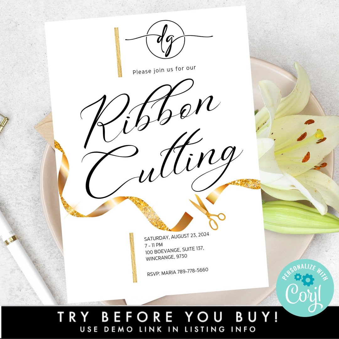 White & Gold Ribbon Cutting Invitation Editable Template, DIY Modern ...