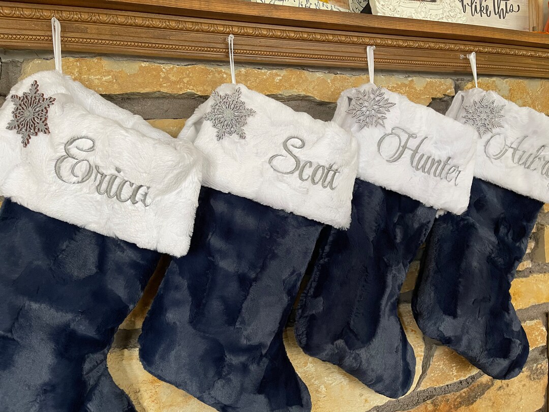 Dark Blue Fur Personalized Christmas Stockings. Navy Blue Christmas ...