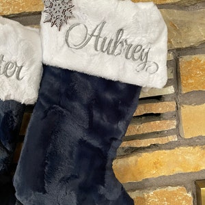 Dark Blue Fur Personalized Christmas Stockings. Navy Blue Christmas ...