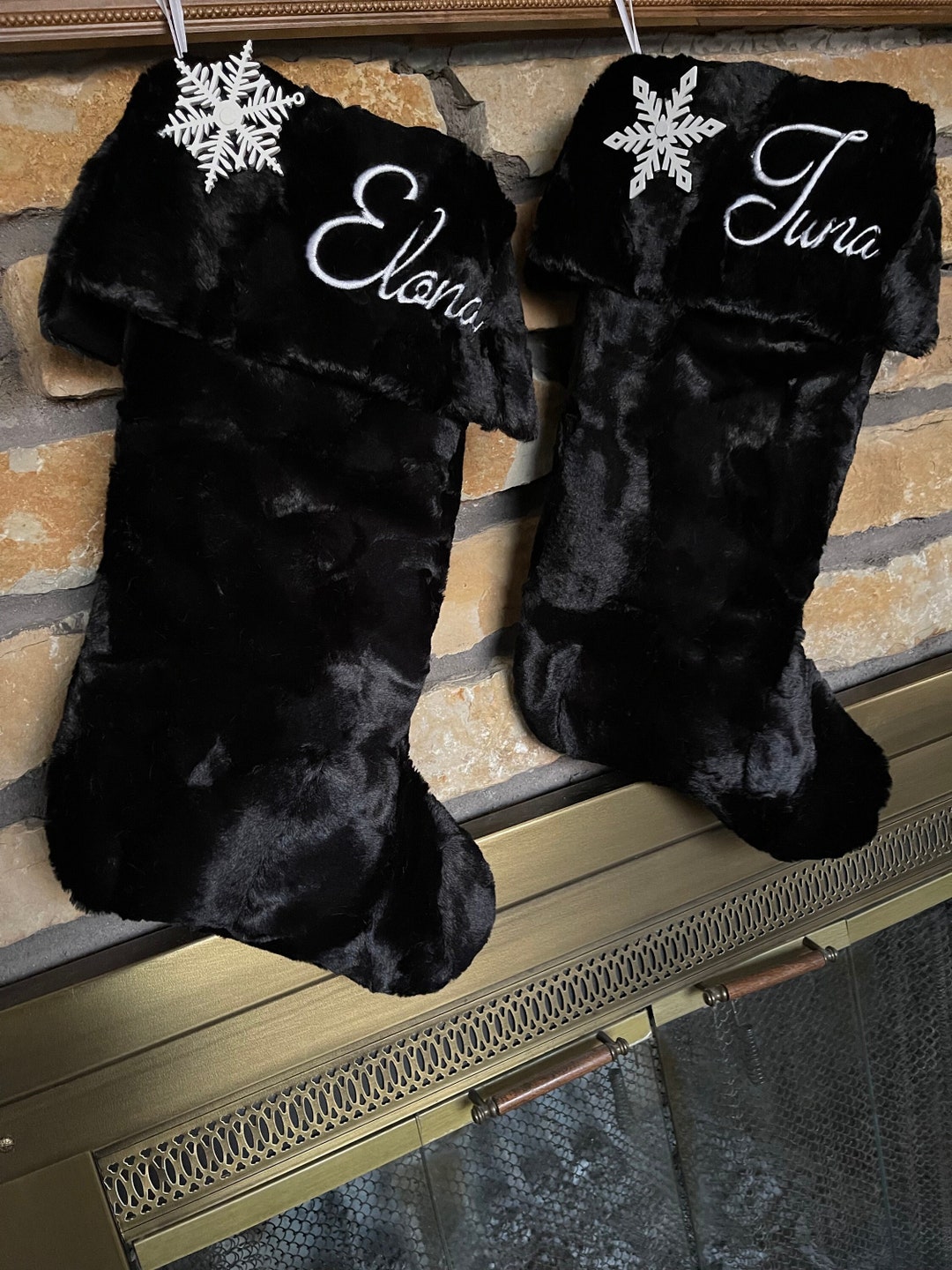 Black Fur Personalized Christmas Stockings. Custom Made With Snowflake ...