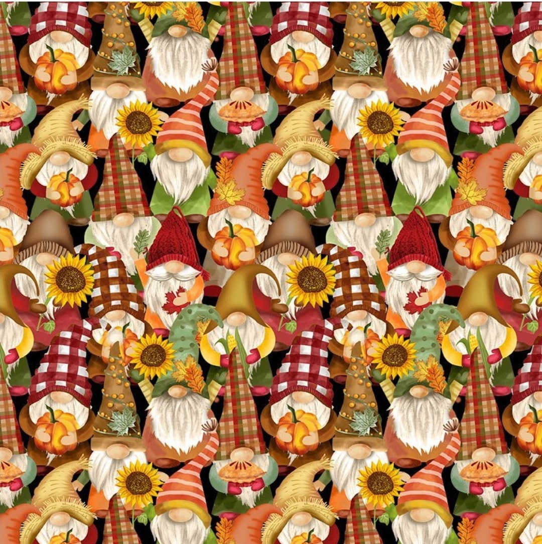 New cider Season Harvest Gnomes Fabric 100% Cotton. 1/4, 1/2, or 1 Yd X ...
