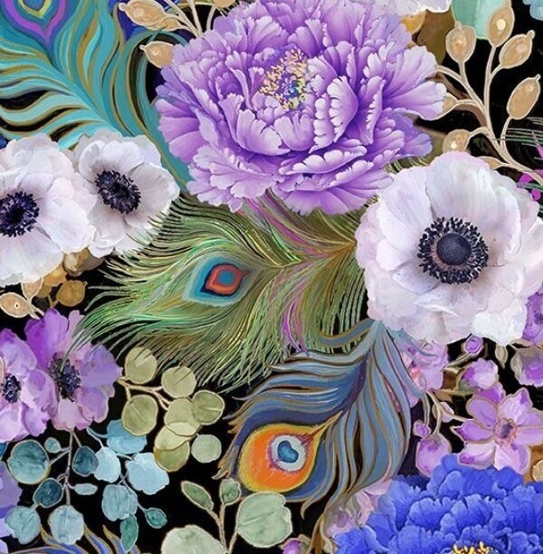 New! "flourish" Peacock Feathers and Florals, Flower Fabric! 100% ...