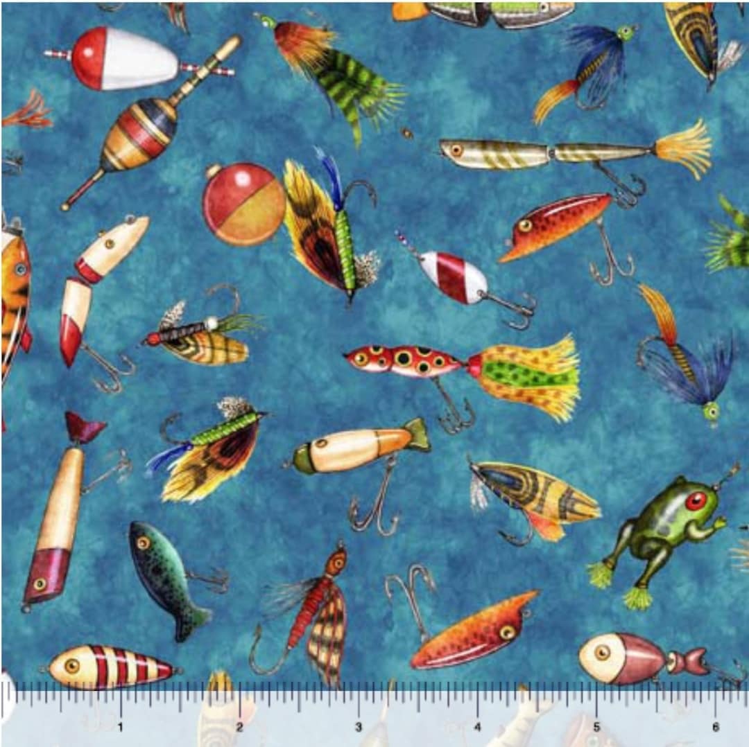 New! "fish Tails" Fishing Lures, Bobbers, Fish Fabric! 100% Cotton. 1/4 ...