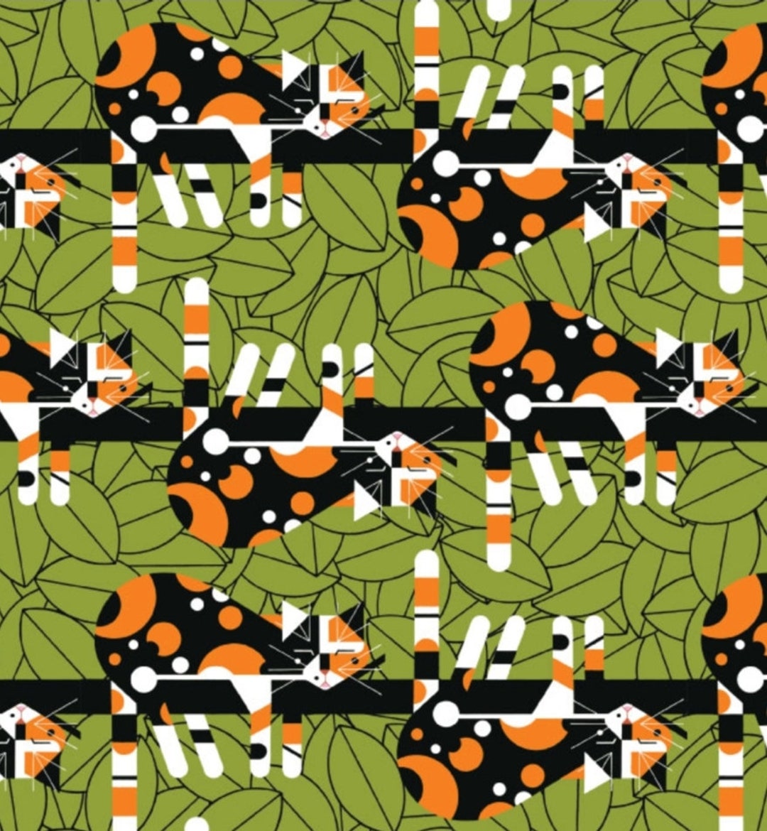 New Charley Harper iconic Limp on A Limb, Calico Cat Poplin Fabric 100% ...