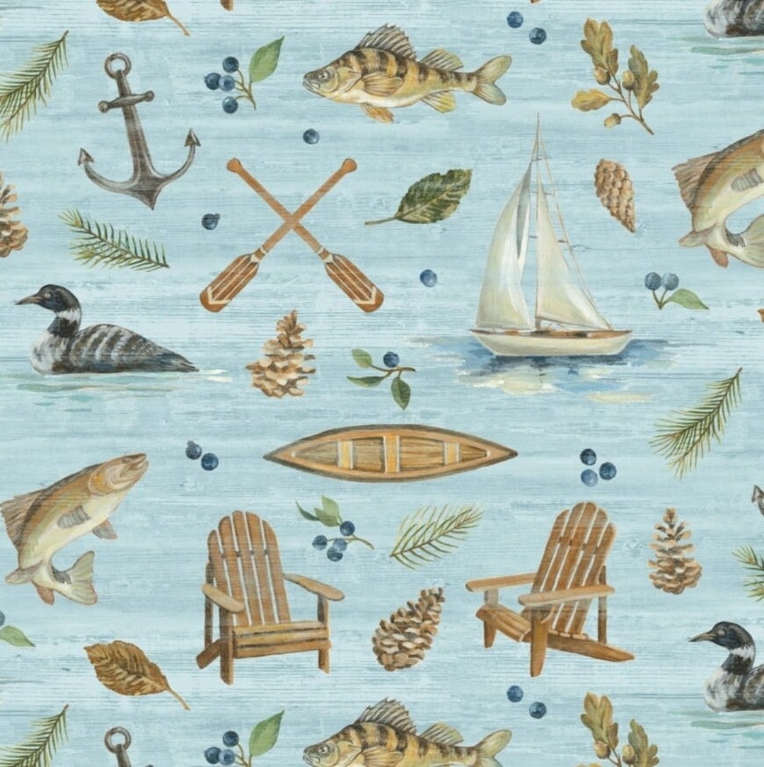New! "lakeside Retreat" Fish, Nature, Lake Fabric! 100% Cotton. Aqua ...