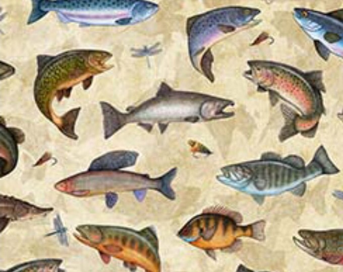 New! "fish Tails" Fish Allover, Fishing Fabric! 100% Cotton. 1/4, 1/2 ...