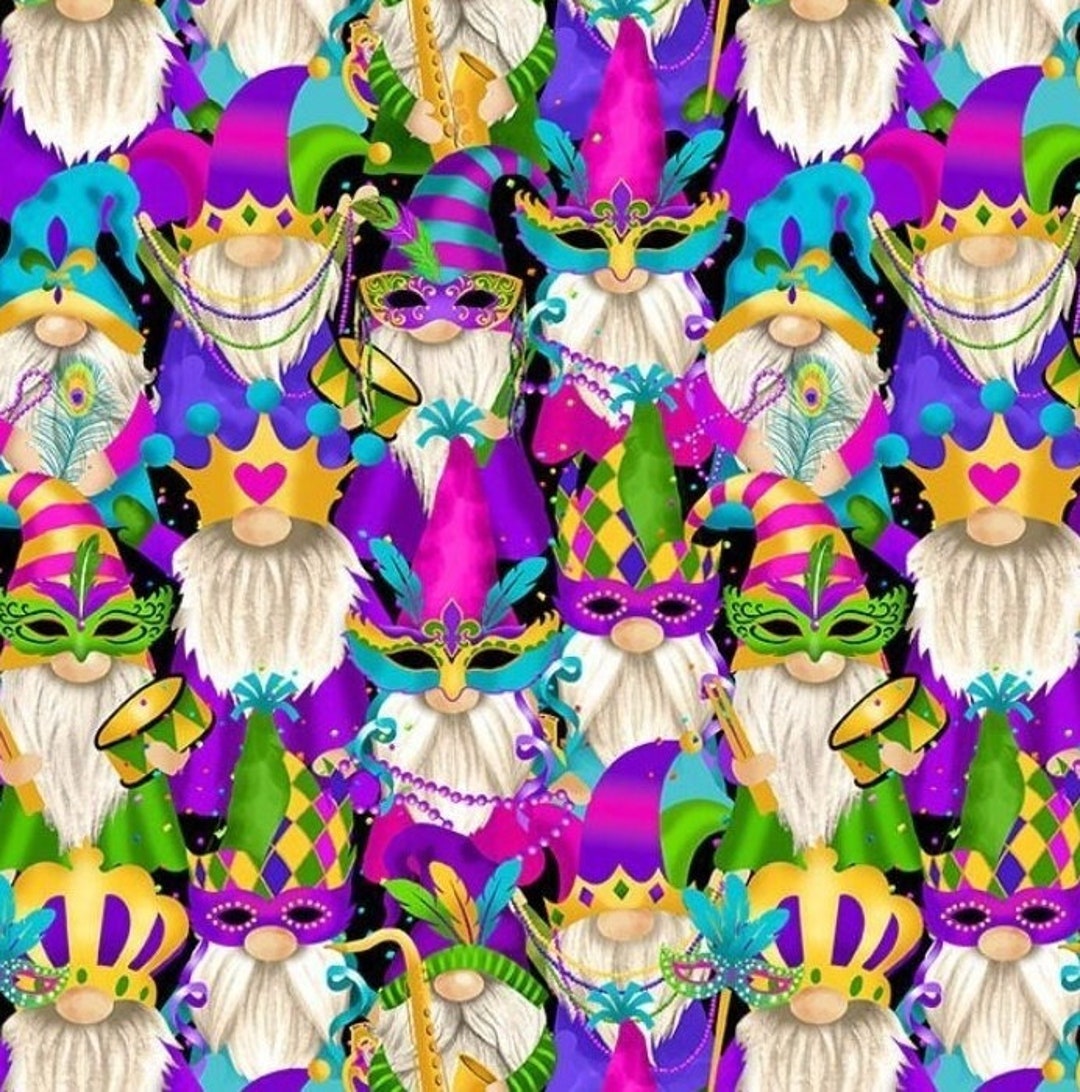 New Mardi Gras Gnomes Mardi Gras Fabric 100 Cotton 1 4 1 2 Or 1 Yd