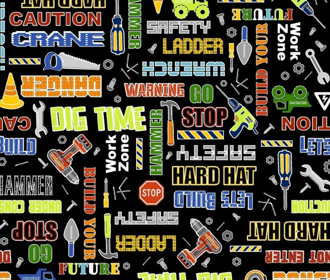 New! *glow* "construction Crew" Tool Words, Tools Fabric! 100% Cotton ...