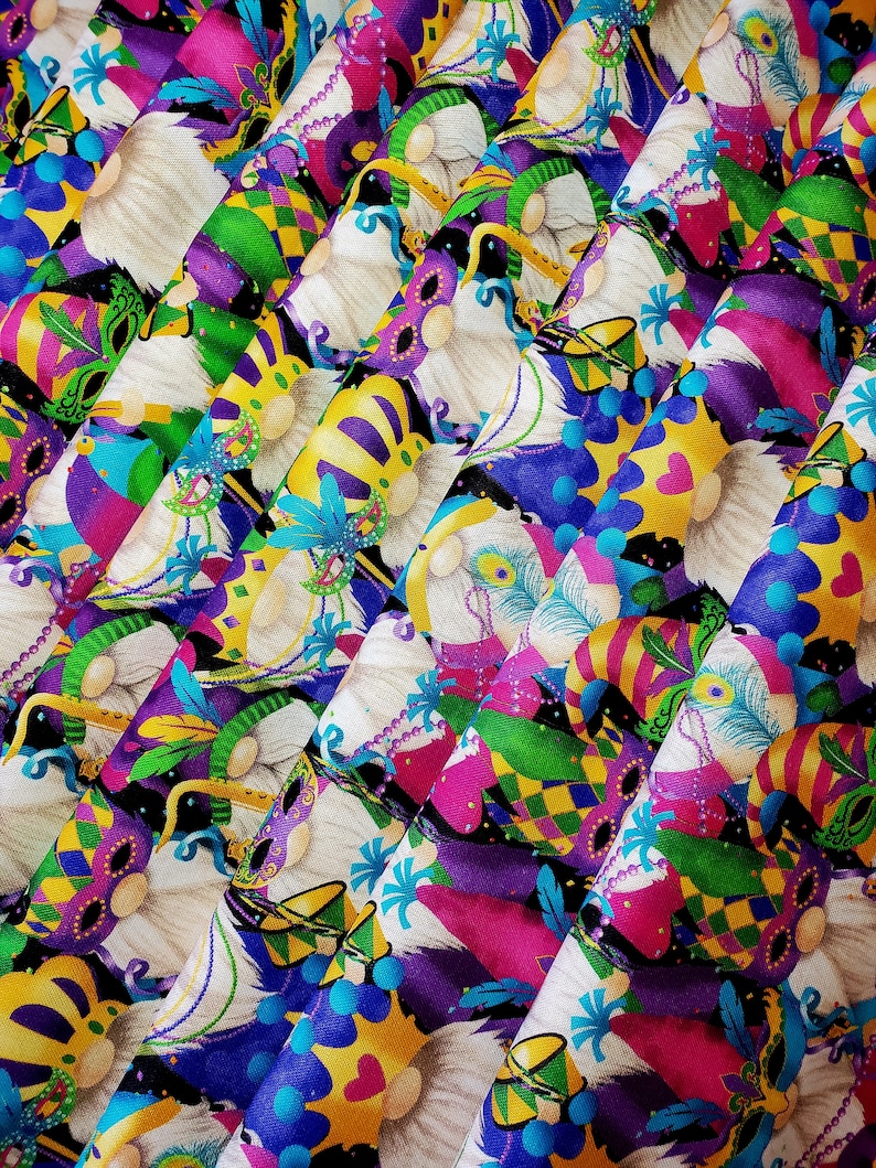 New! "mardi Gras Gnomes" Mardi-gras, Gnome Fabric! 100% Cotton. 1/4, 1/ ...