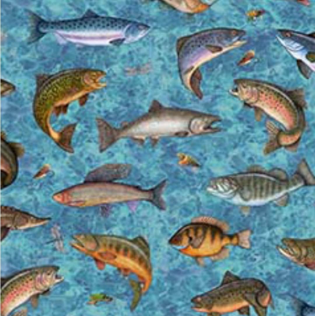 New! "fish Tails" Fish Allover, Fishing Fabric! 100% Cotton. 1/4, 1/2 ...
