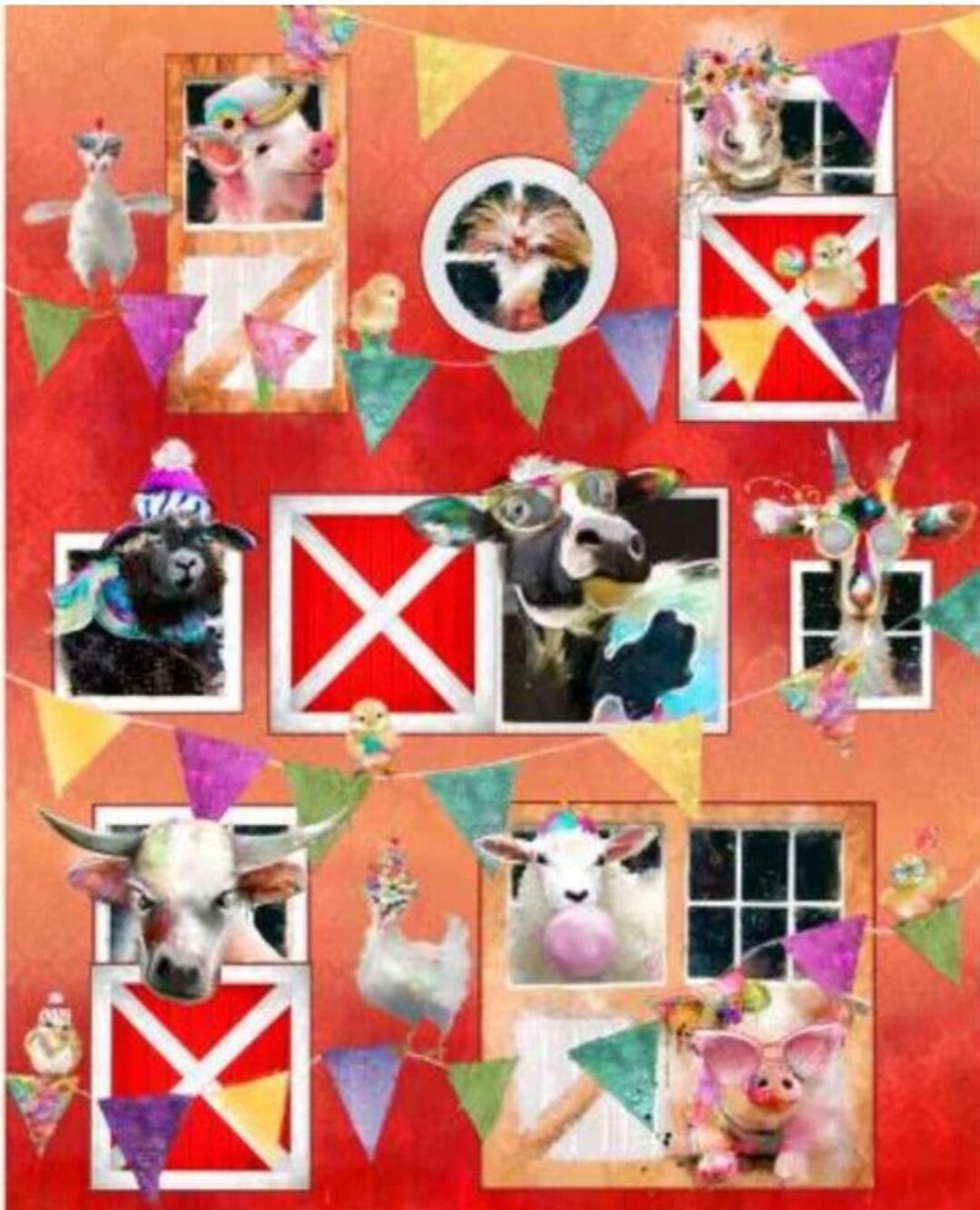 New! "back to the Farm" Red Barnyard Friends Fabric Panel! 100% Cotton ...