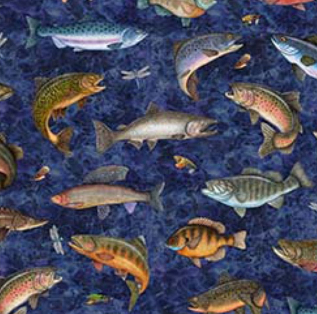 New! "fish Tails" Fish Allover, Fishing Fabric! 100% Cotton. 1/4, 1/2 ...