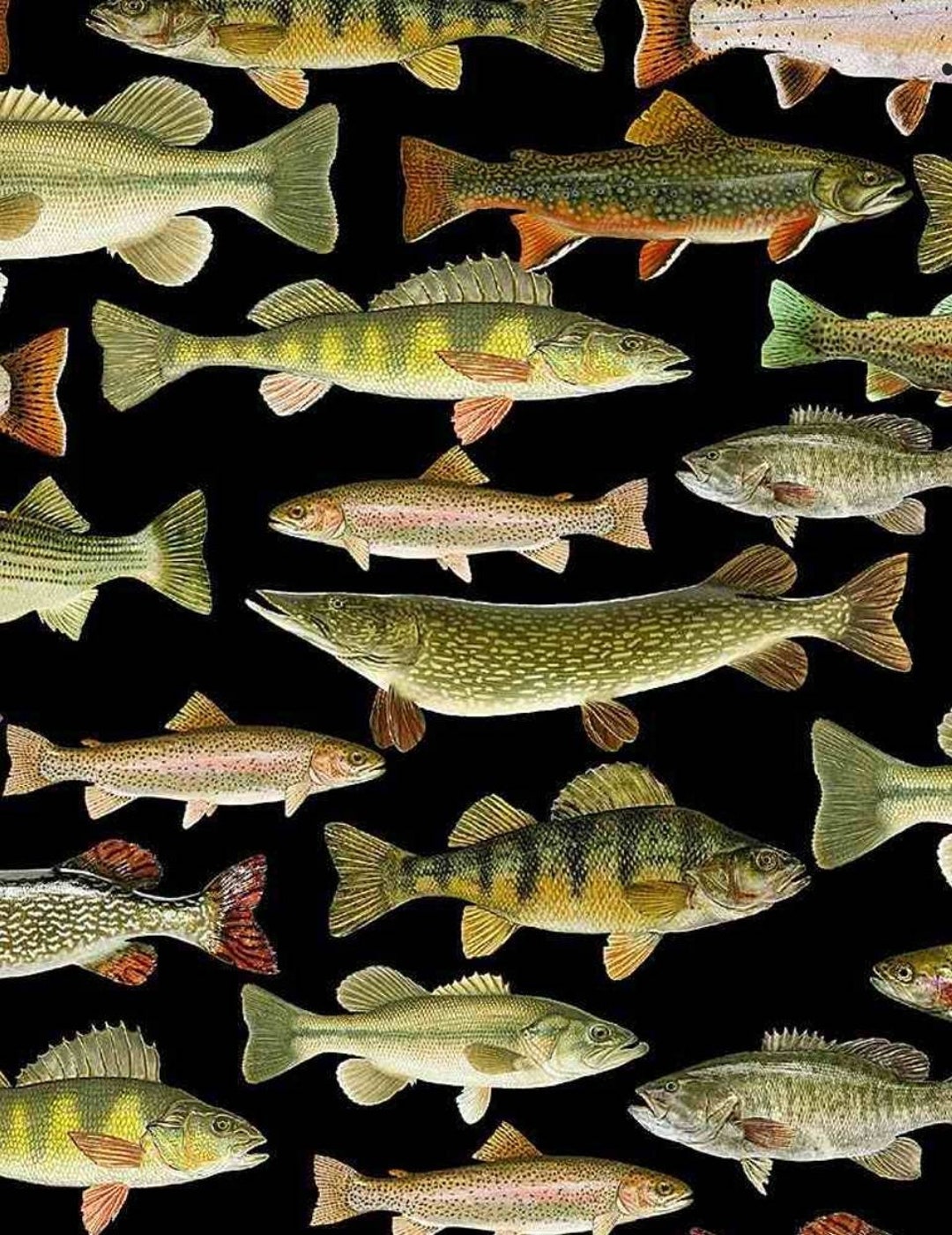 New! Lake Fish, Trout, Fishing Fabric! 100% Cotton. 1/4, 1/2, or 1 Yd X ...