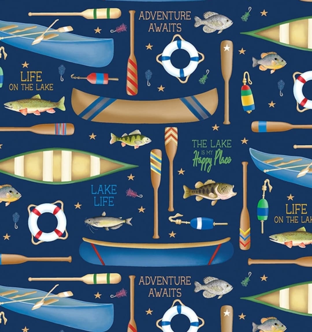 New! "sail Away" Lake Life, Canoe, Fishing Fabric! 100% Cotton•1/4, 1/2 ...