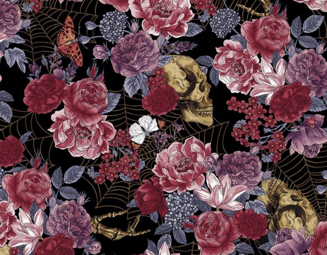 New!"large Floral and Bones" Skulls, Floral, Bones Collection Fabric ...