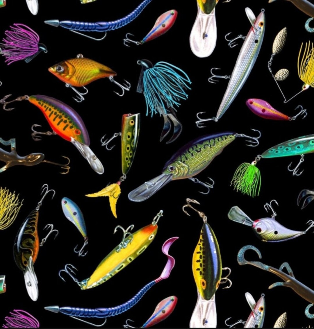 New! "tight Lines" Fishing Lures, Fishing Fabric! 100% Cotton•1/4, 1/2 ...