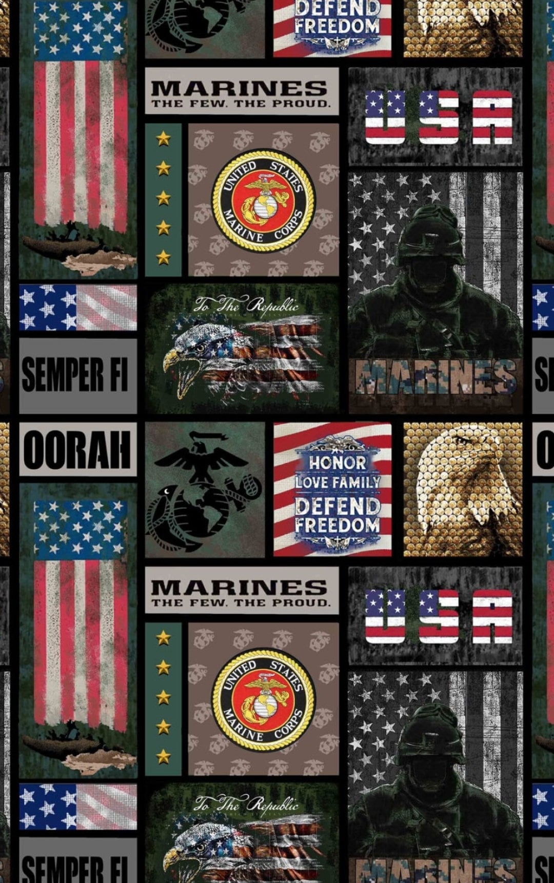 New! US Military, Marines, Patriotic Fabric! 100% Cotton. 1/4, 1/2, or ...