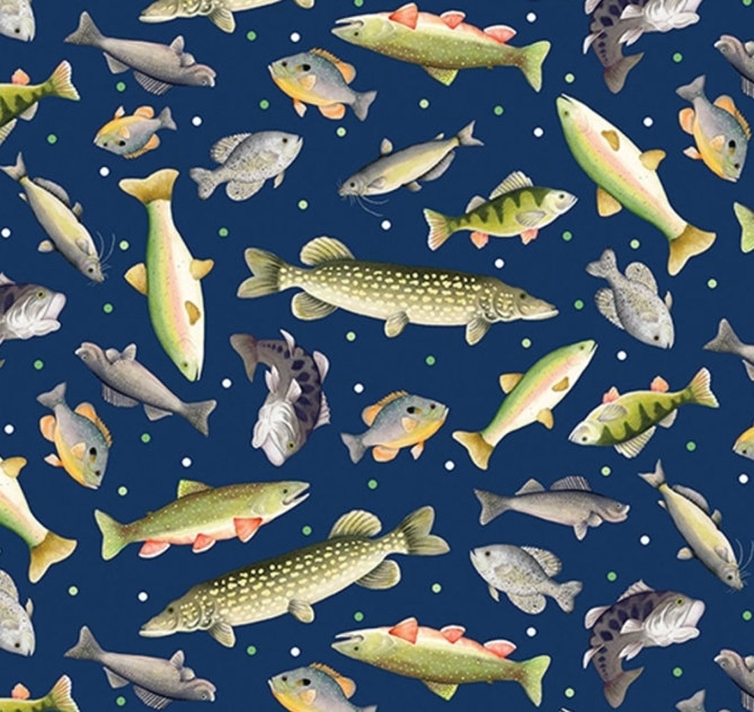 New! "sail Away" Fishing, Fish Fabric! 100% Cotton. 1/4, 1/2, or 1 Yd X ...
