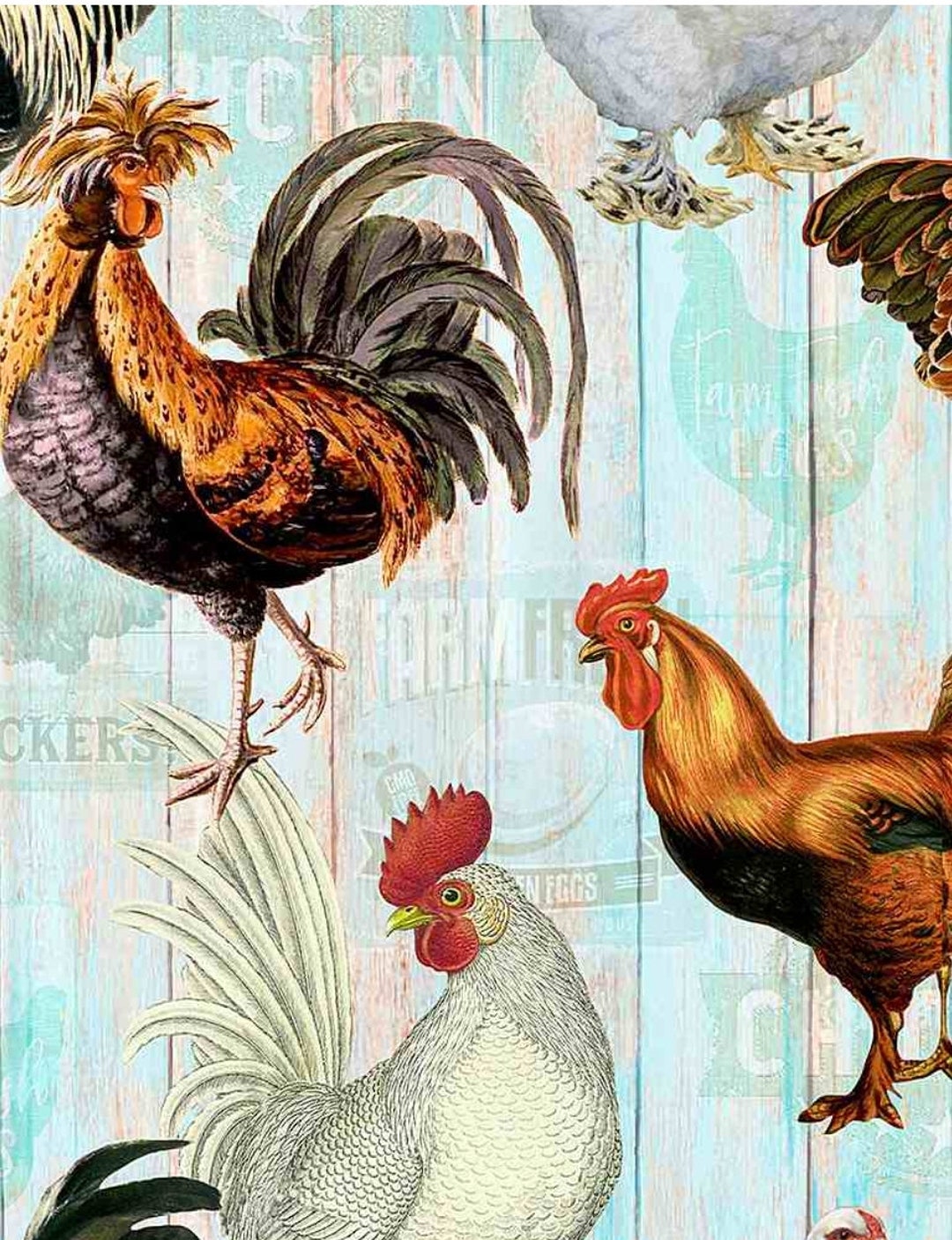 New! "farm Fresh" Farm, Chickens on Faded Fence Fabric! 100% Cotton. 1/ ...