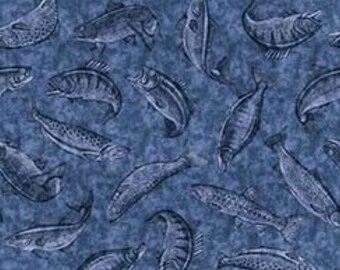 New! "fish Tails" Fish Allover, Fishing Fabric! 100% Cotton. 1/4, 1/2 ...