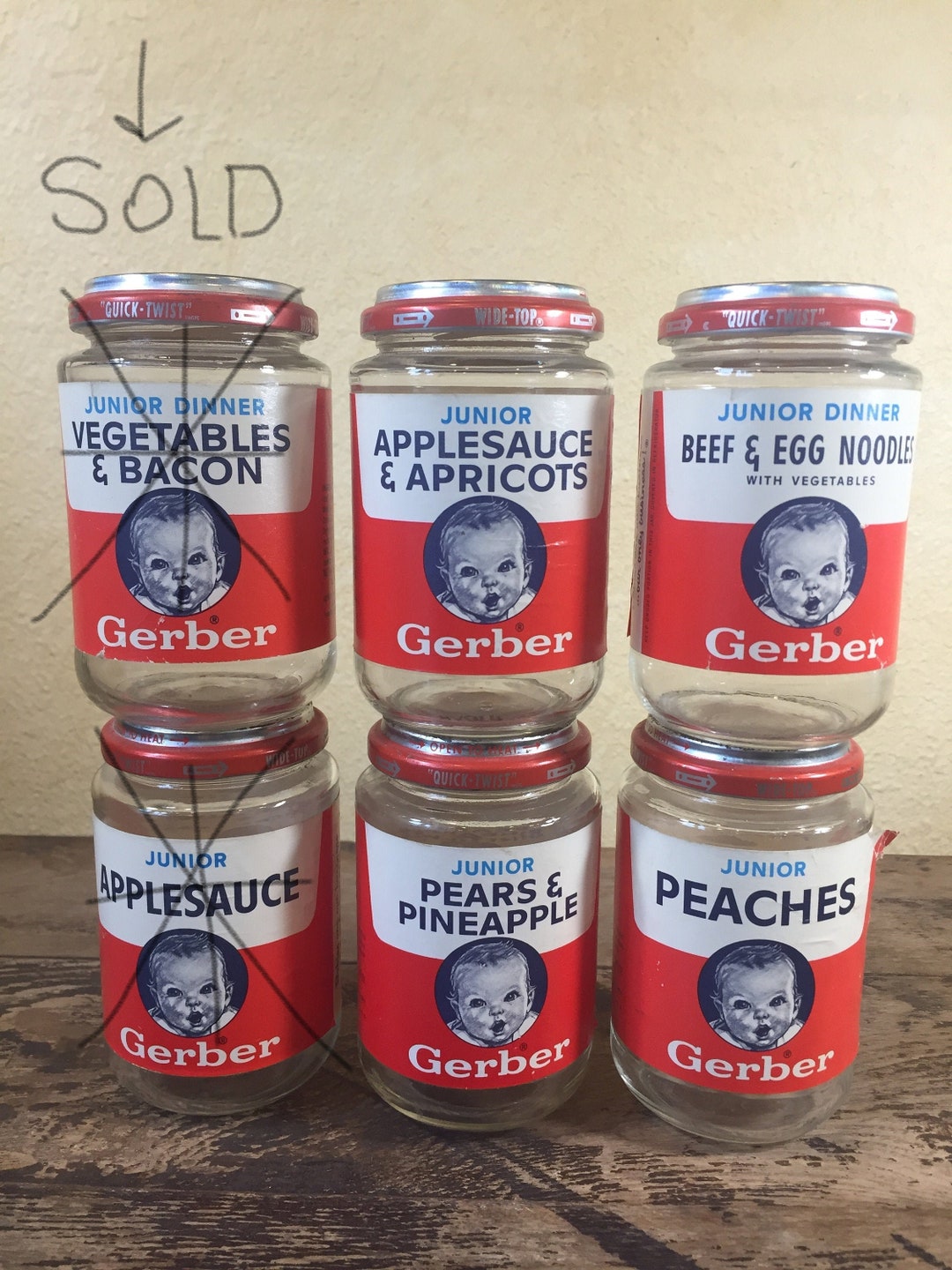 1960s, Two, Gerber, Baby Food, Jars, Red, White, Blue, Nursery, Storage, Baby Shower Decor ...