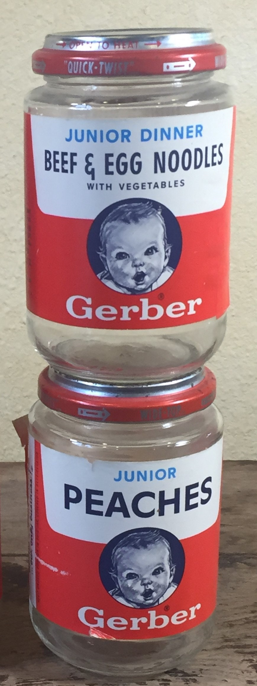 1960s, Two, Gerber, Baby Food, Jars, Red, White, Blue, Nursery, Storage ...