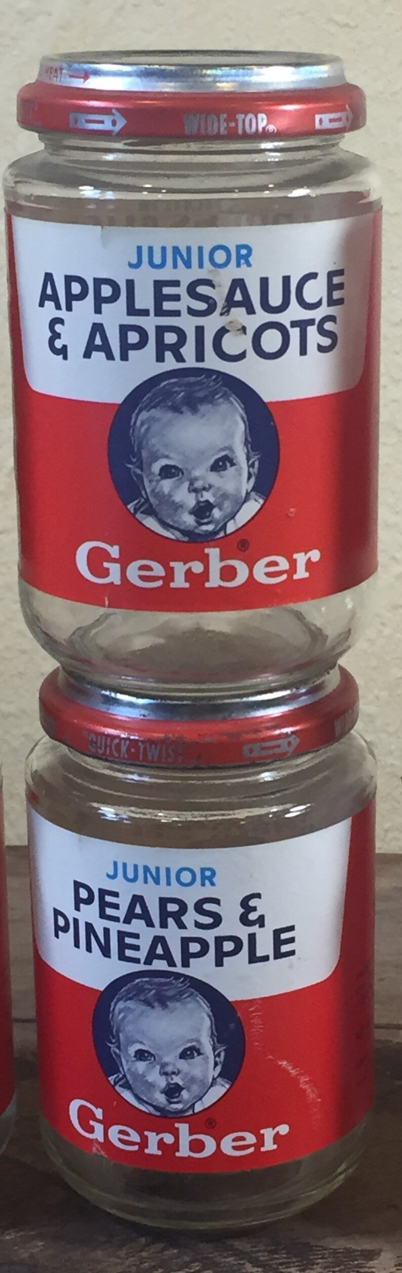 1960s, Two, Gerber, Baby Food, Jars, Red, White, Blue, Nursery, Storage ...