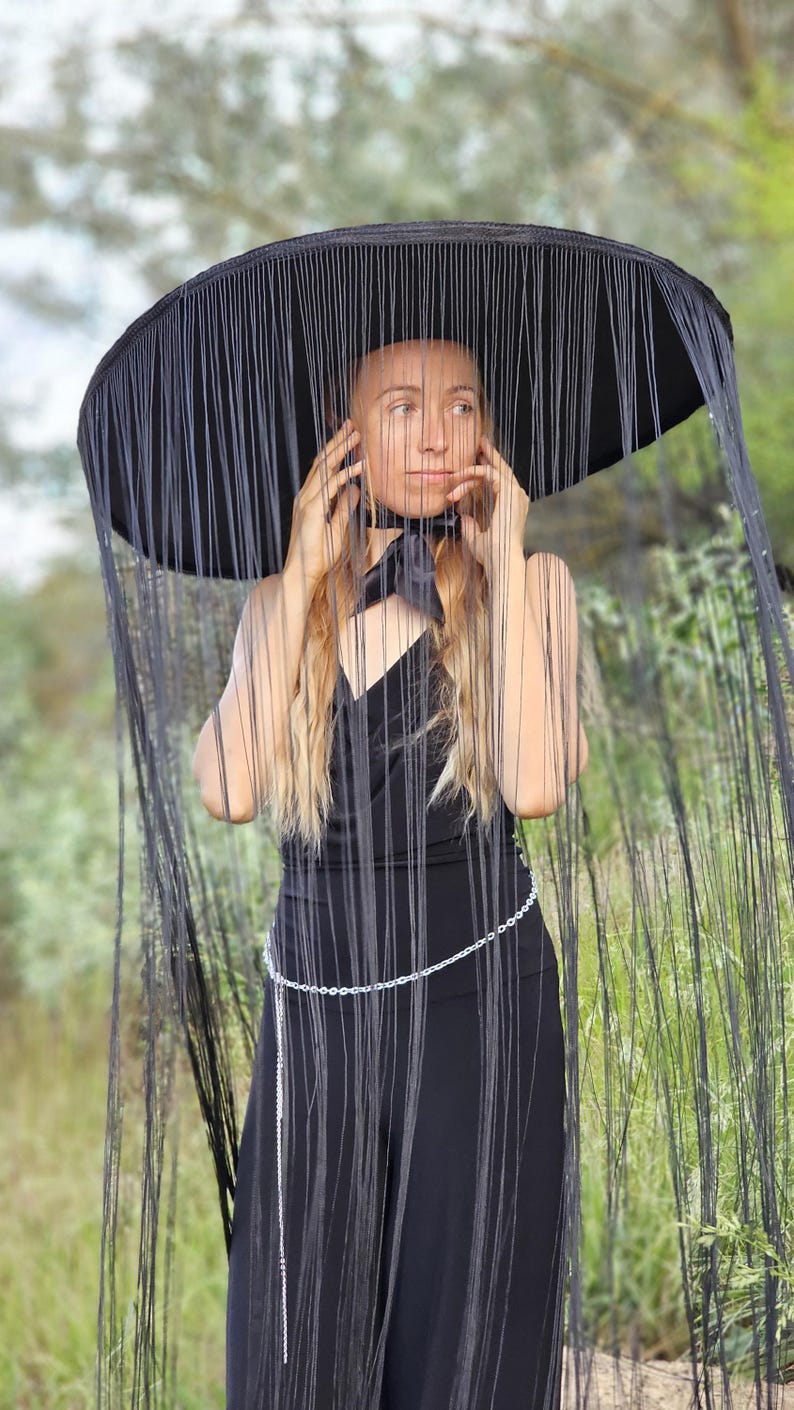 Big Black Hat With Long Fringes for Photoshoot Woman or Men. Black Hat ...
