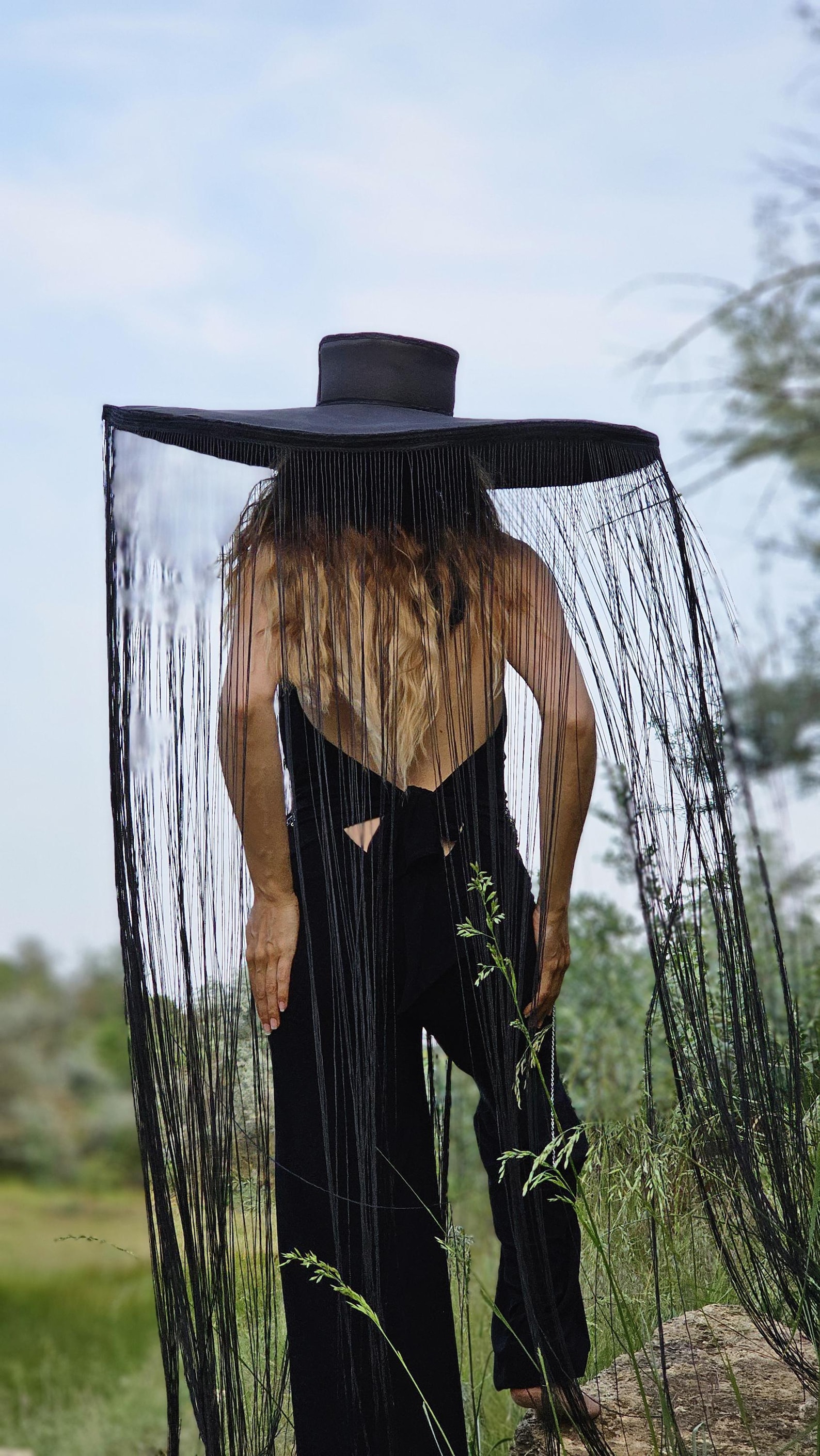 Big Black Hat With Long Fringes for Photoshoot Woman or Men. Black Hat ...