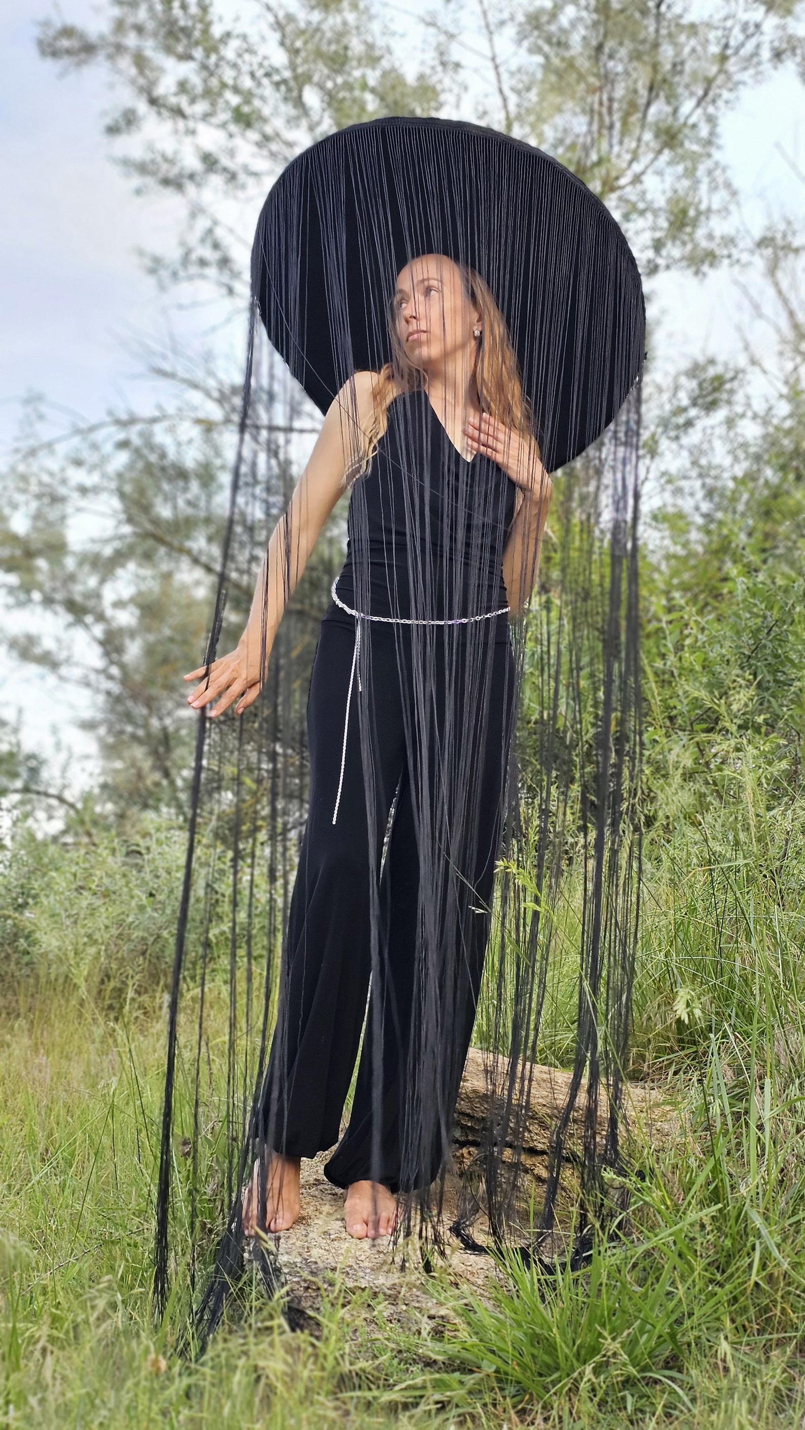 Big Black Hat With Long Fringes for Photoshoot Woman or Men. Black Hat ...