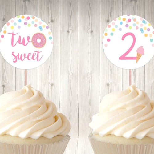 Two Sweet Cupcake Toppers Two Sweet Birthday Party Donut - Etsy