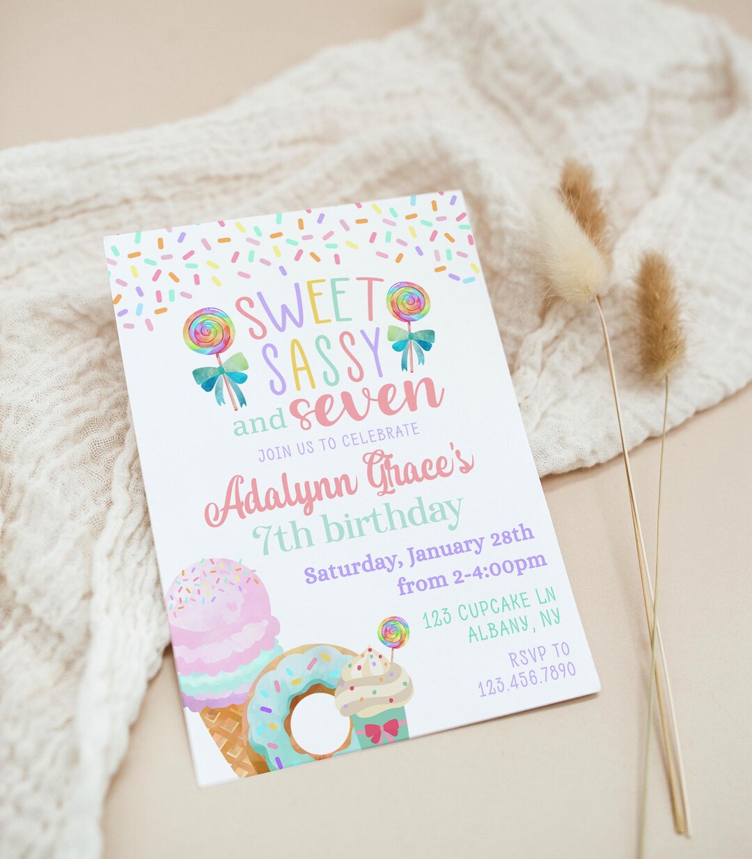 Sweet Sassy and Seven Birthday Party Invitation, Sweet Treats 7th ...