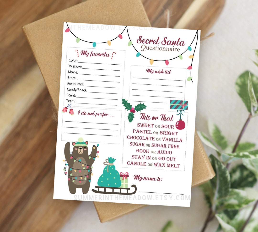 Secret Santa Gift Exchange Questionnaire Printable for Christmas - Etsy ...