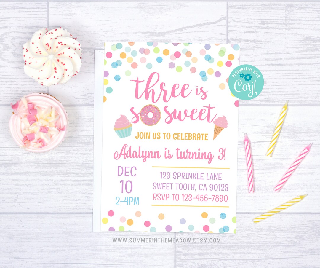 Editable Three is so Sweet Birthday Invitation, 3rd Birthday Party ...