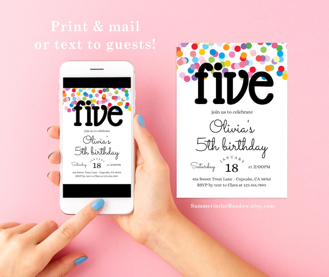 Birthday Party Invitation for 5th Birthday, Five Birthday Invite for ...