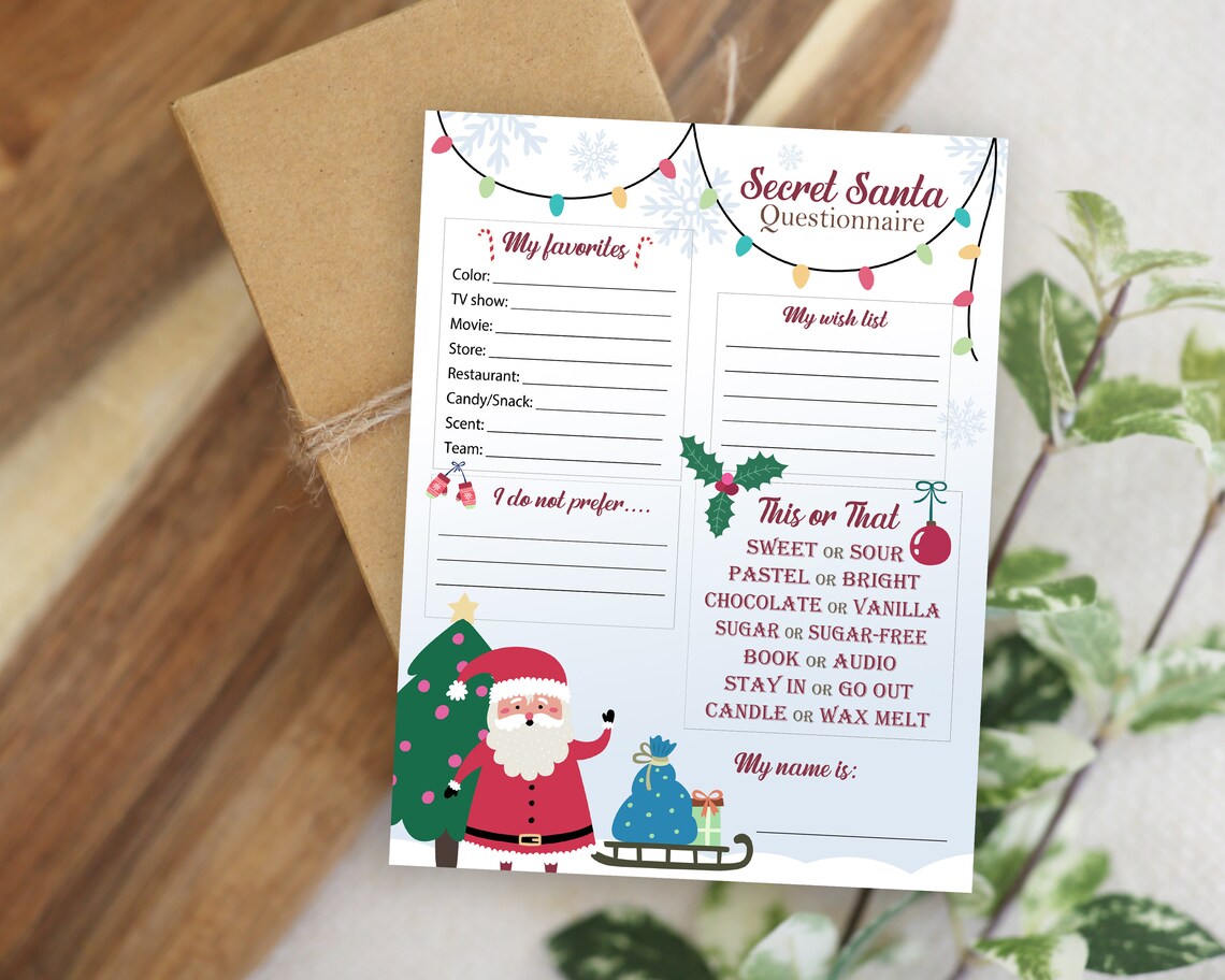 Secret Santa Gift Exchange Questionnaire for Christmas, Printable PDF ...