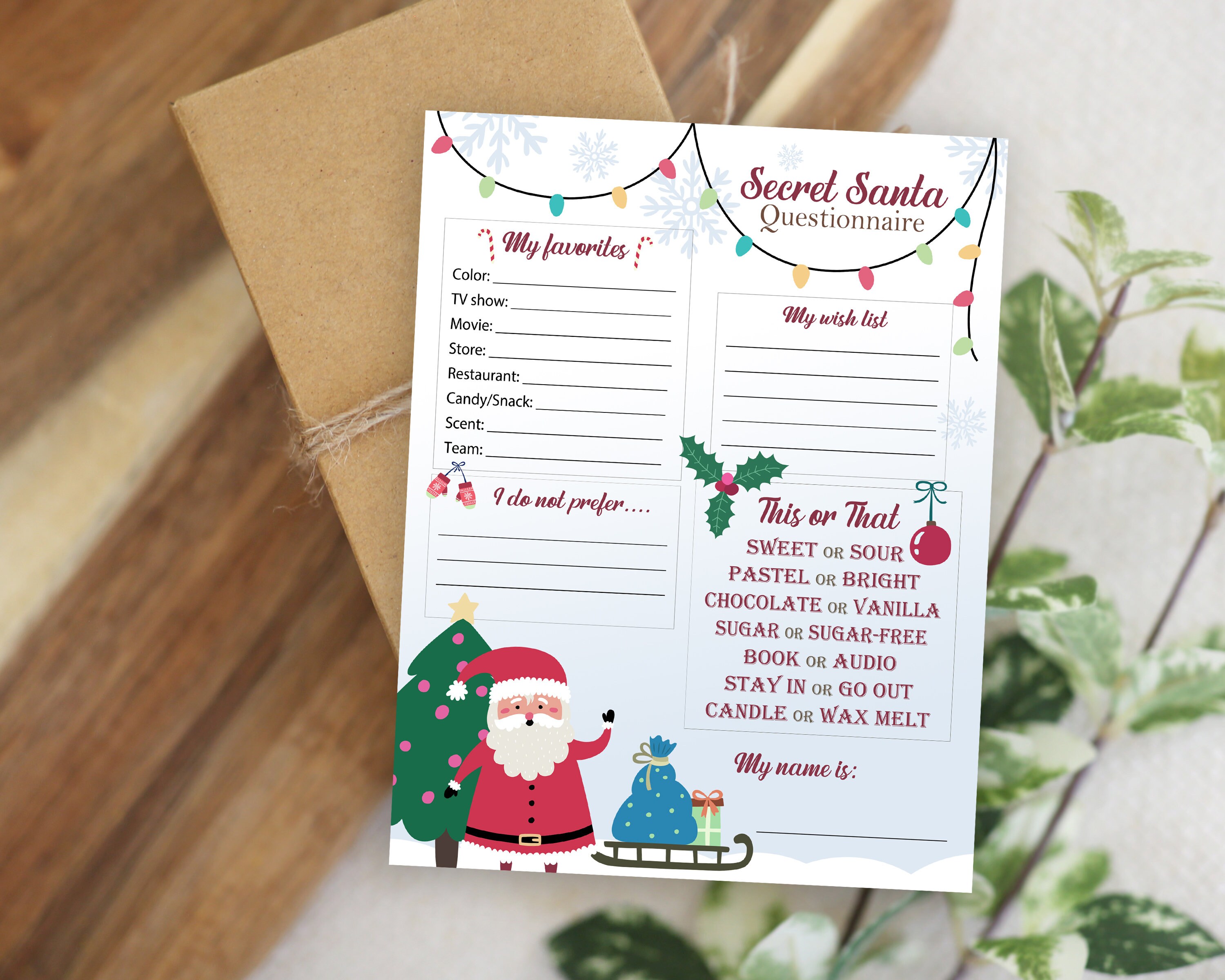 Secret Santa Gift Exchange Questionnaire for Christmas, Printable PDF ...
