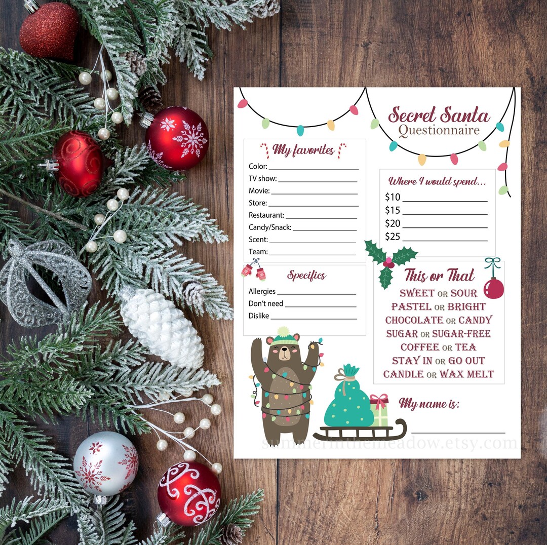 Secret Santa Gift Exchange Questionnaire Printable for Christmas - Etsy