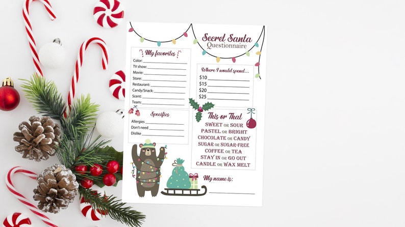 Secret Santa Gift Exchange Questionnaire Printable for Christmas - Etsy