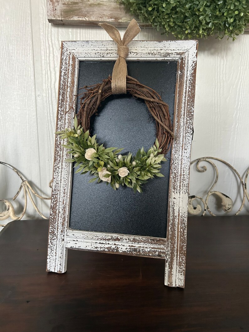 Farmhouse Chalkboard Decor: Distressed White Wood, Grapevine Wreath - Etsy