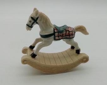 Vintage Rocking Horse, White Ceramic Horse, Blue Red Railings, Nursery ...