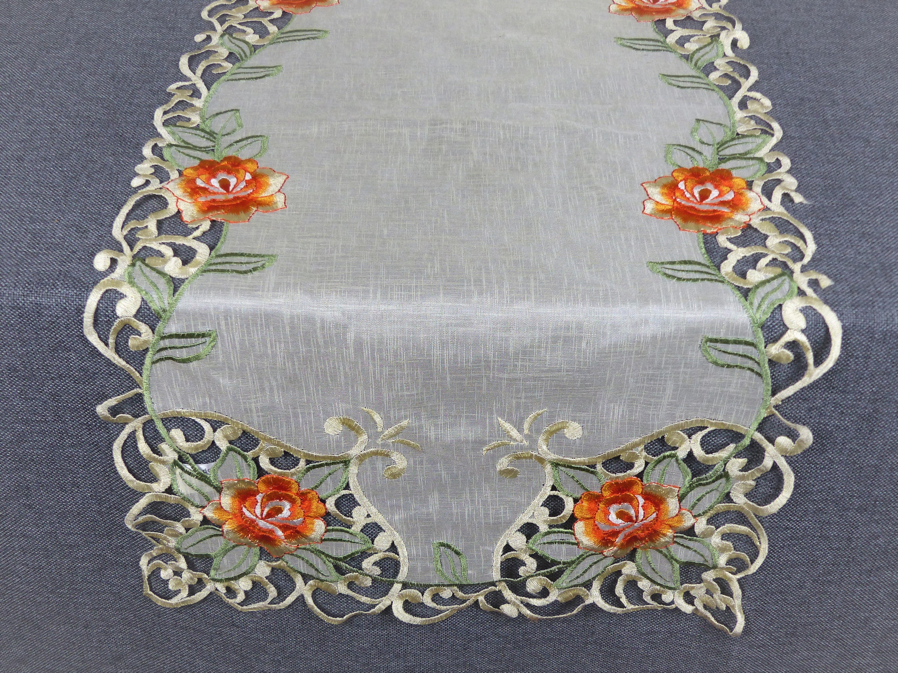 Vintage French Embroidered Lace Table Runner