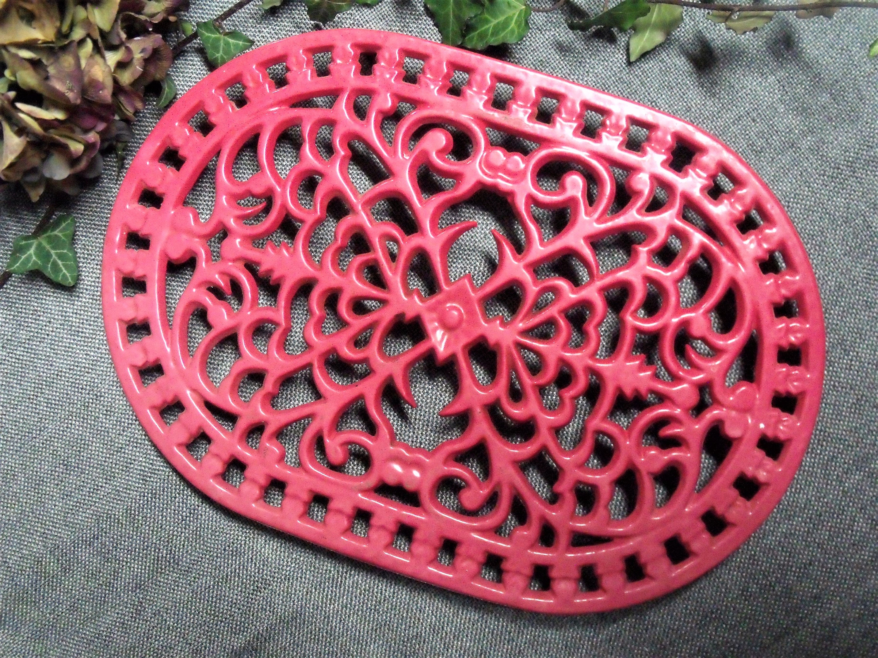 Vintage French Red Enamel Cast Iron Trivet.