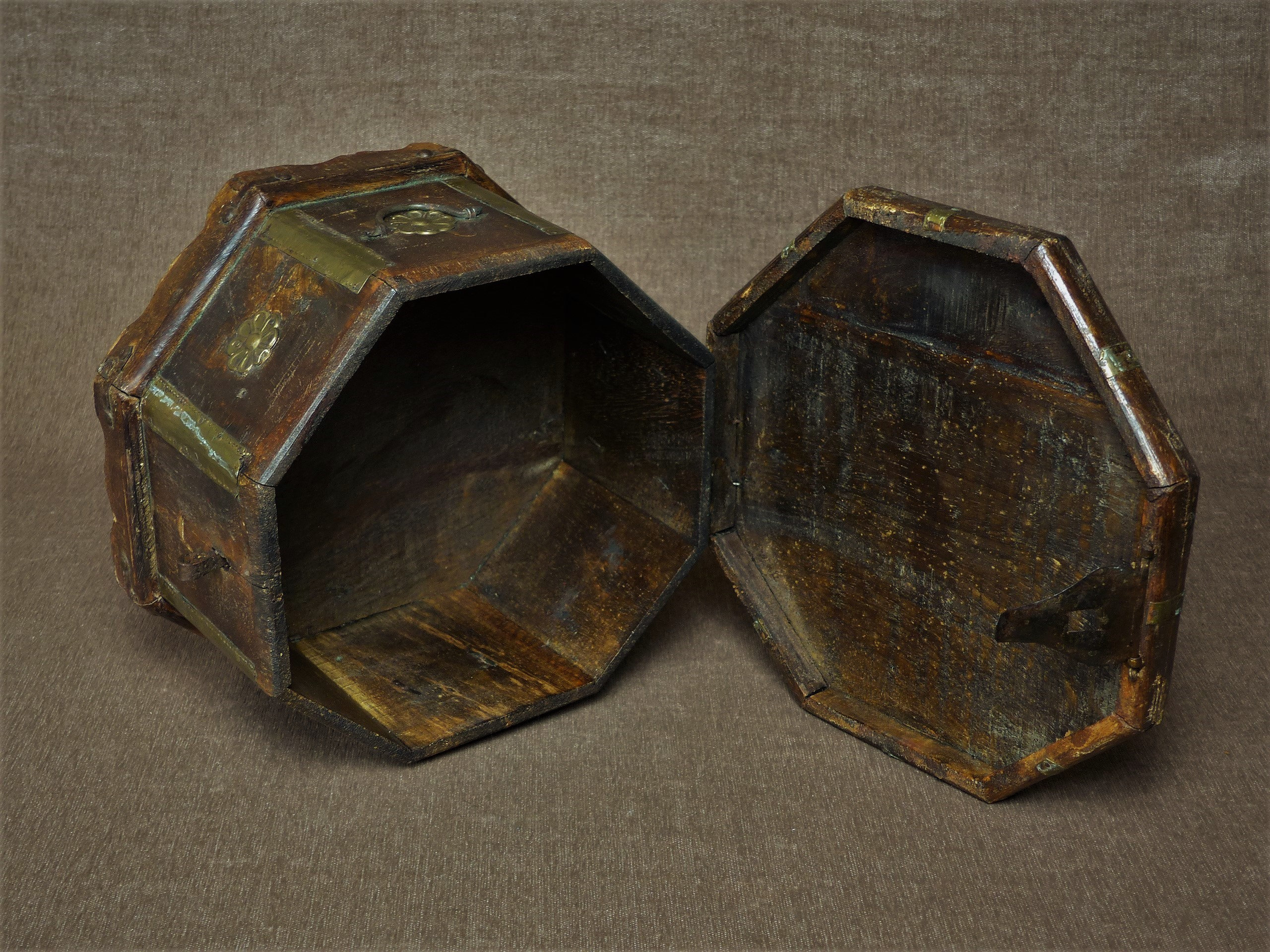 Antique Indian Wooden Box with Brass Details