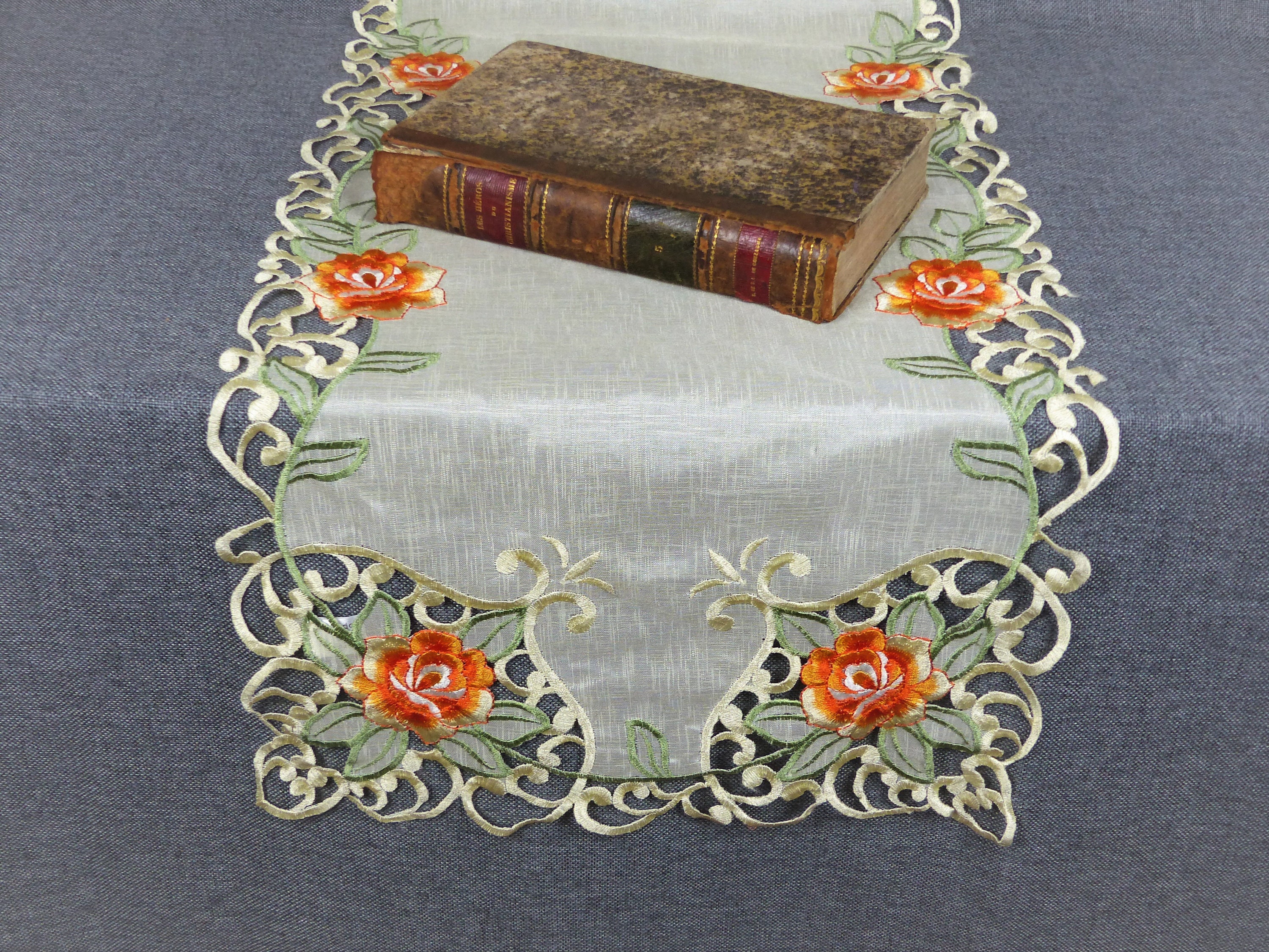 Vintage French Embroidered Lace Table Runner