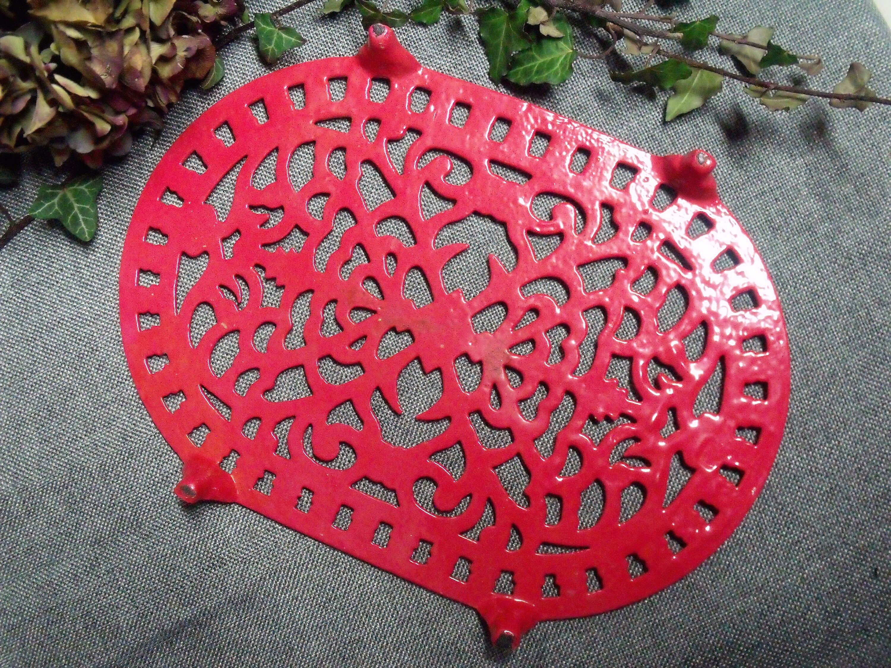 Vintage French Red Enamel Cast Iron Trivet.