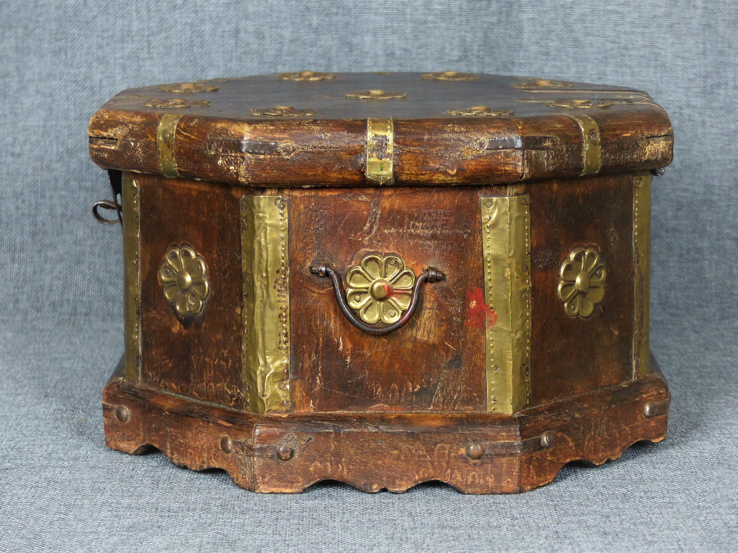 Antique Indian Wooden Box with Brass Details