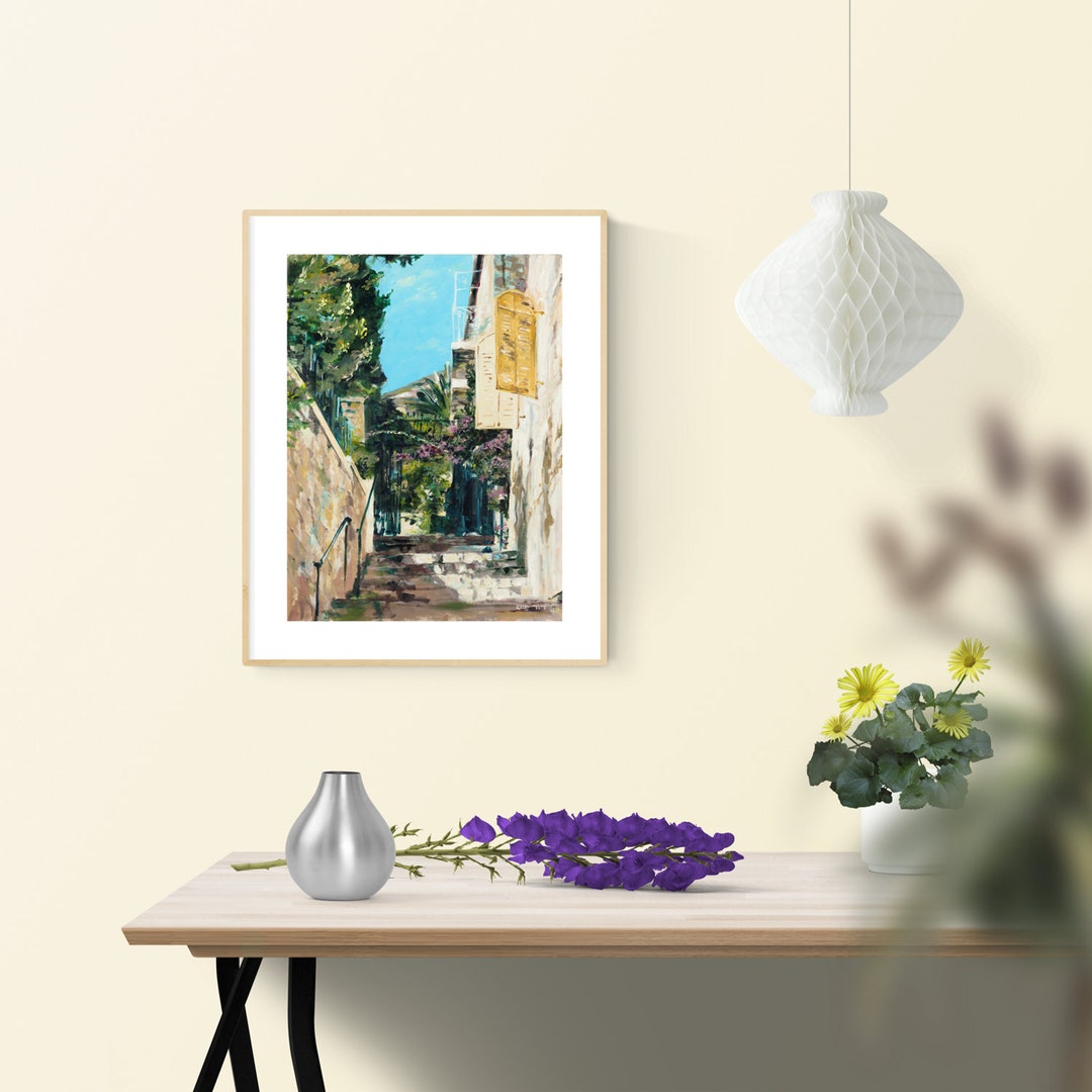 Jerusalem Painting of New City Alley, Wall Art Acrylic Drawing, Jewish ...